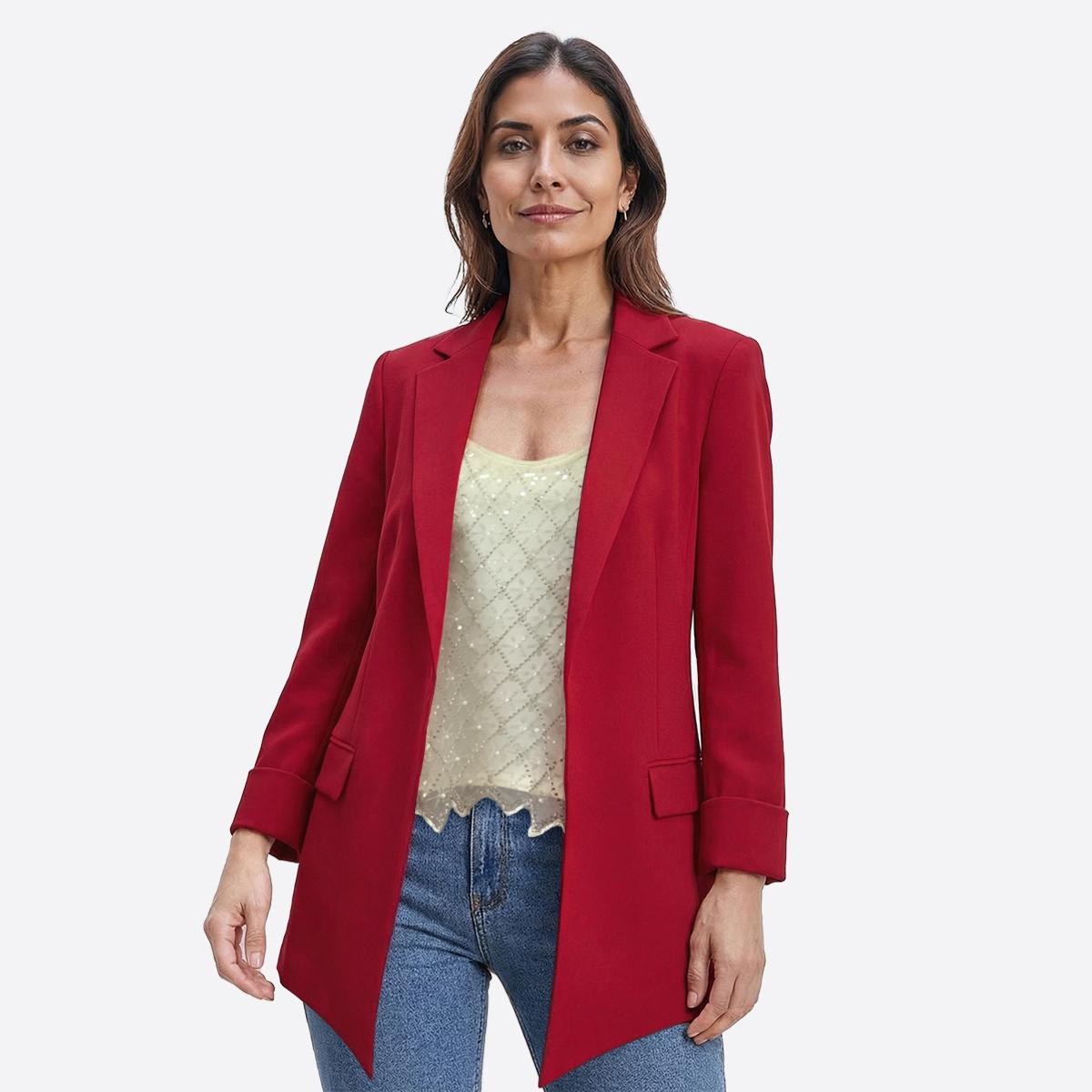 Calvin Klein Womens Notch Lapel Open-Front Jacket - Cranberry